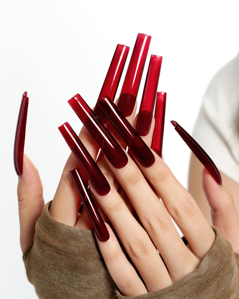 Dark Red(Handmade)/Extra Long Square|manicure|real nail gel|red|glossy ...