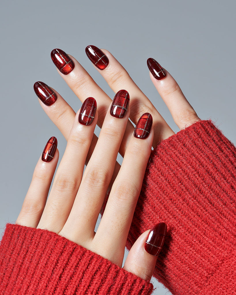 Cat Eye/ Burgundy Plaid (Handmade)/ 10 PCS|manicure|luxury|real nail ...