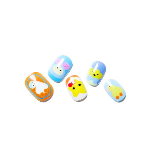 Cute crooked goose|Presson nails|kids|yellow|blue|design|glossy|round ...