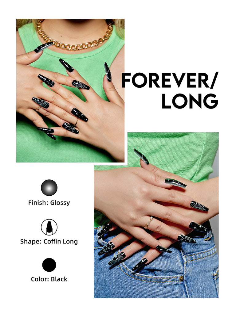 Forever|Presson nails|black| design|glossy|coffin|long|party|nature ...