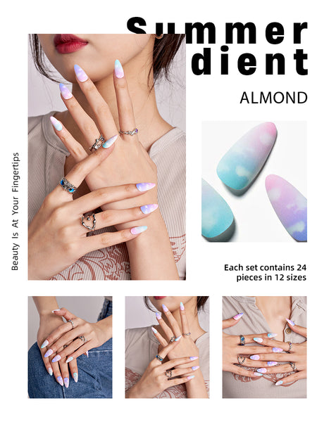 Summer Gradient/Almond|manicure |pink|blue|matte|almond|medium|ombre ...
