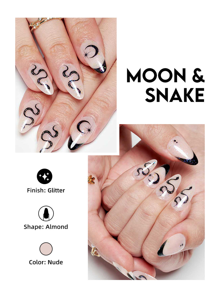 Moon & Snake|manicure |nude|black|glitter|almond|medium|tarot|daily ...