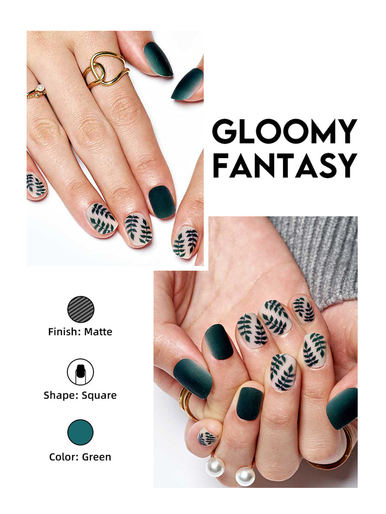 Gloomy Fantasy-Press On Nails|Short|Square|Green|Graffiti|Matte ...