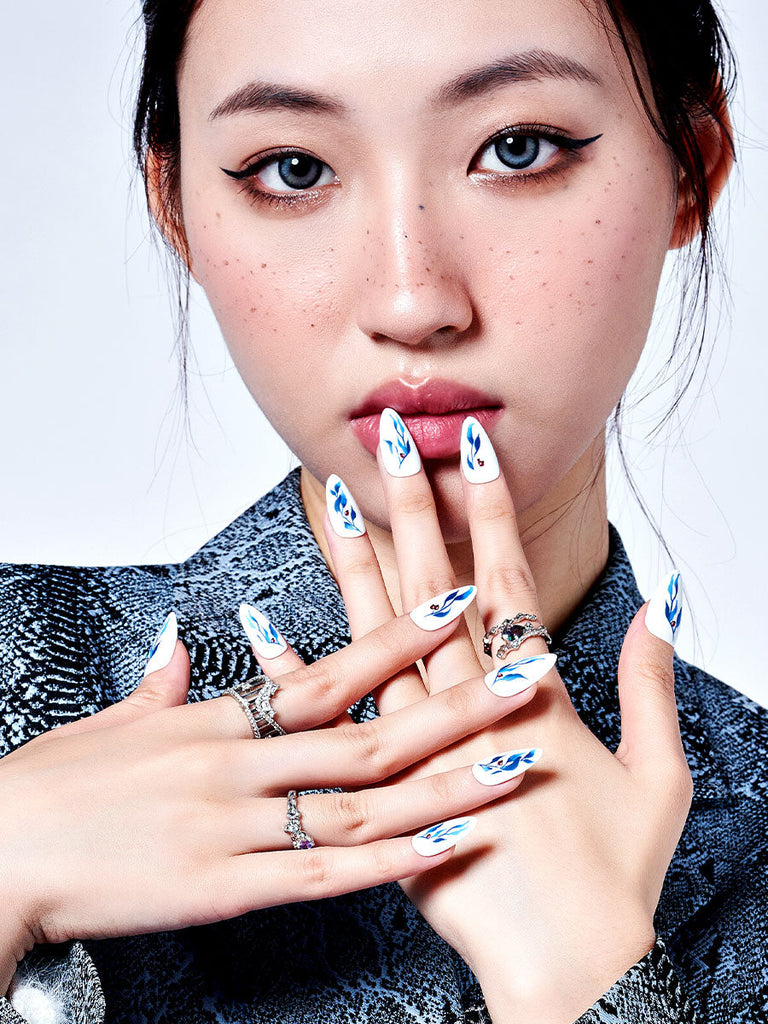 Fruit Ranch|manicure|fruit|leaf|white|blue|glossy|almond|medium|nature ...