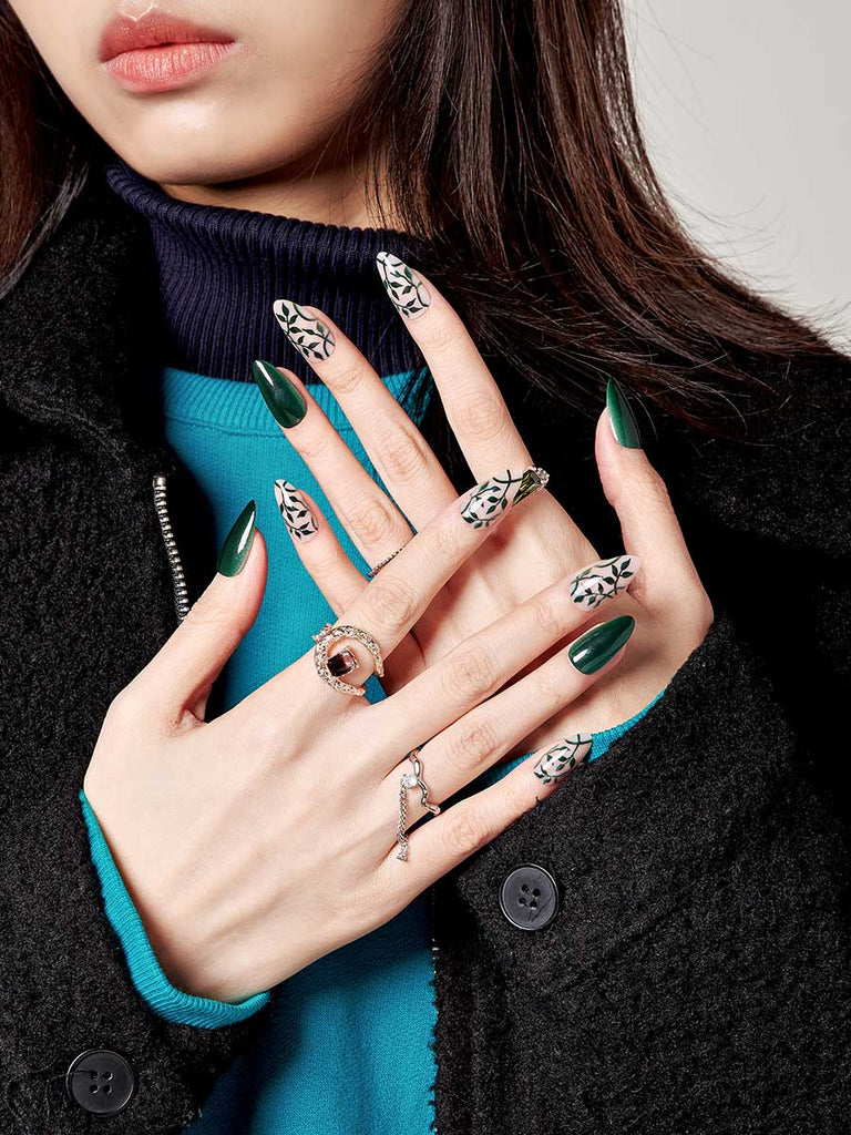 Crazy Vines|manicure|leaf|green|nude|glossy|almond|medium|nature|party ...