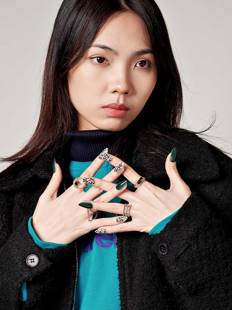 Crazy Vines|manicure|leaf|green|nude|glossy|almond|medium|nature|party – Glamermaid Glam