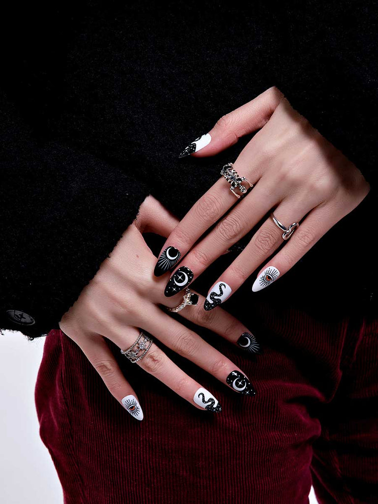 Eternal Faith|manicure|eye|moon&star|black|white|glossy|almond|medium ...