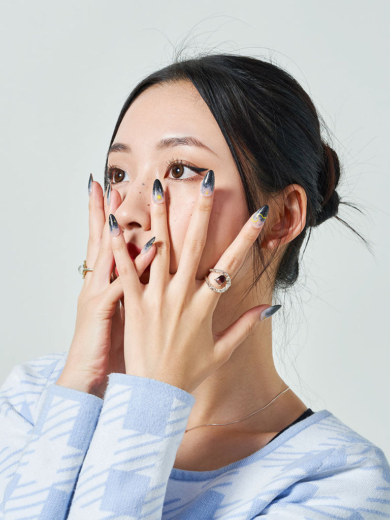 Shallow Night|manicure|moon&star|sun|black|fine glitter|almond|medium ...