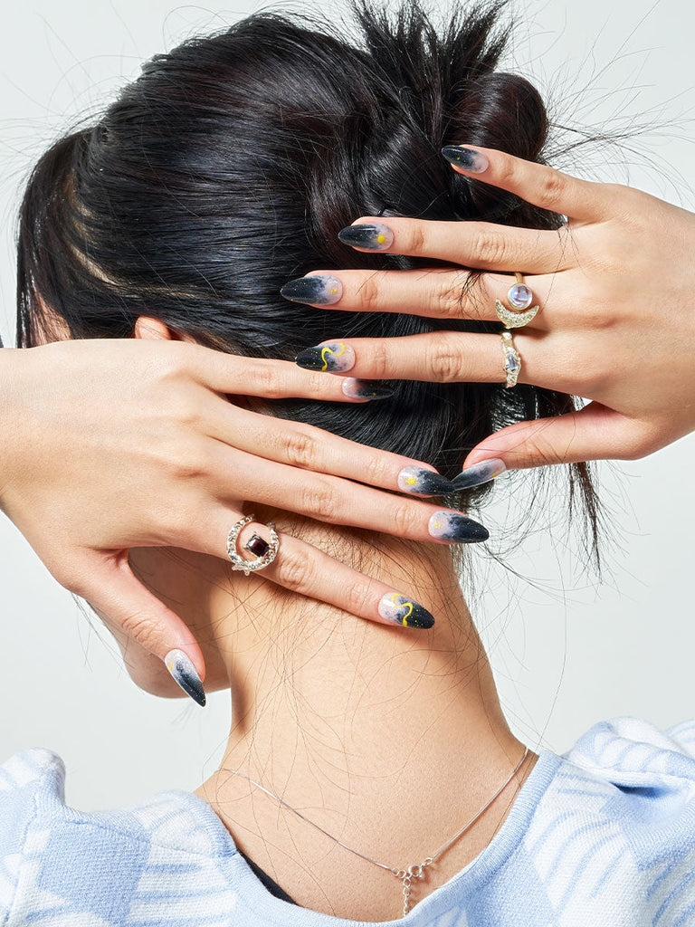 Shallow Night|manicure|moon&star|sun|black|fine glitter|almond|medium ...