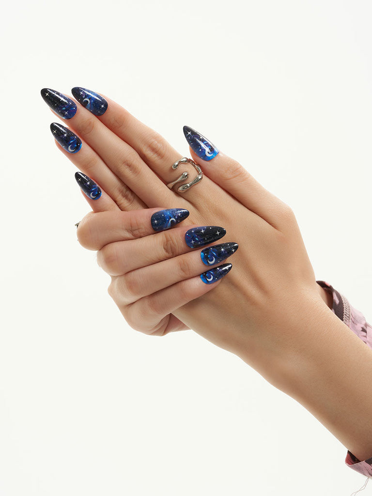 Milky Way|manicure|moon&star|black|blue|fine glitter|almond|medium ...