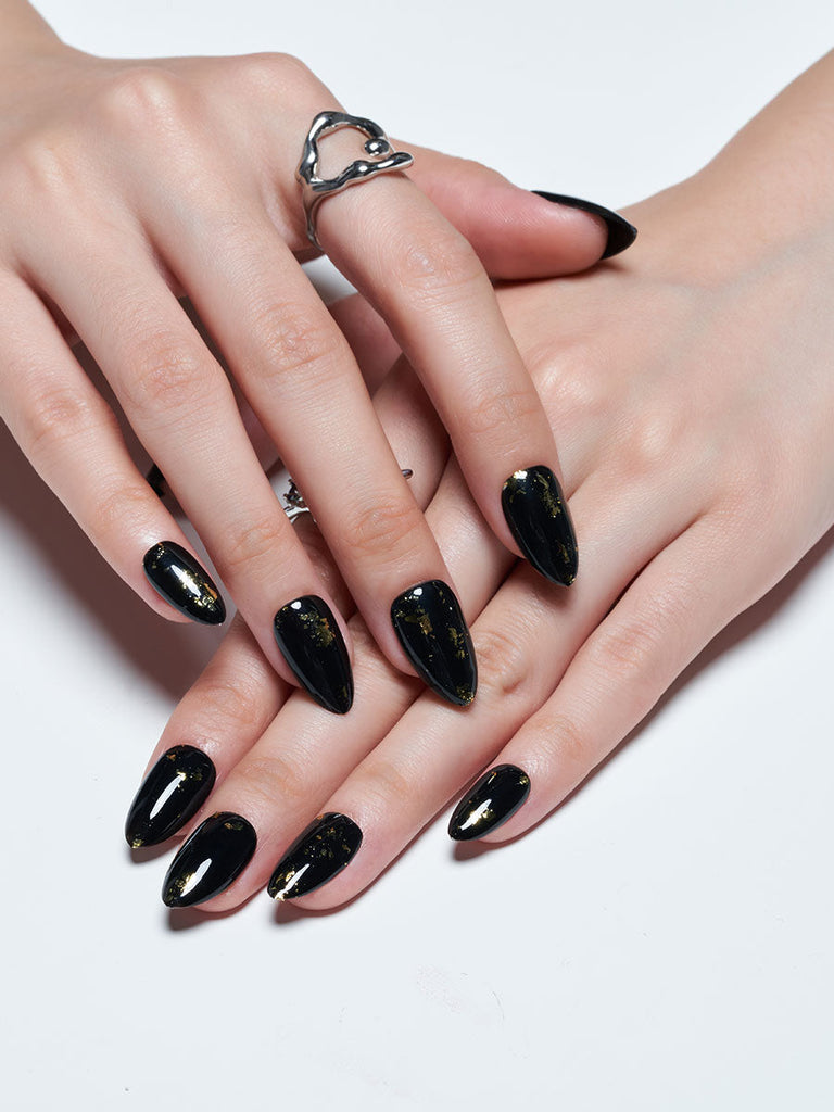 Black Metal/ Short Almond (Handmade)|manicure|real nail gel|gold foil ...